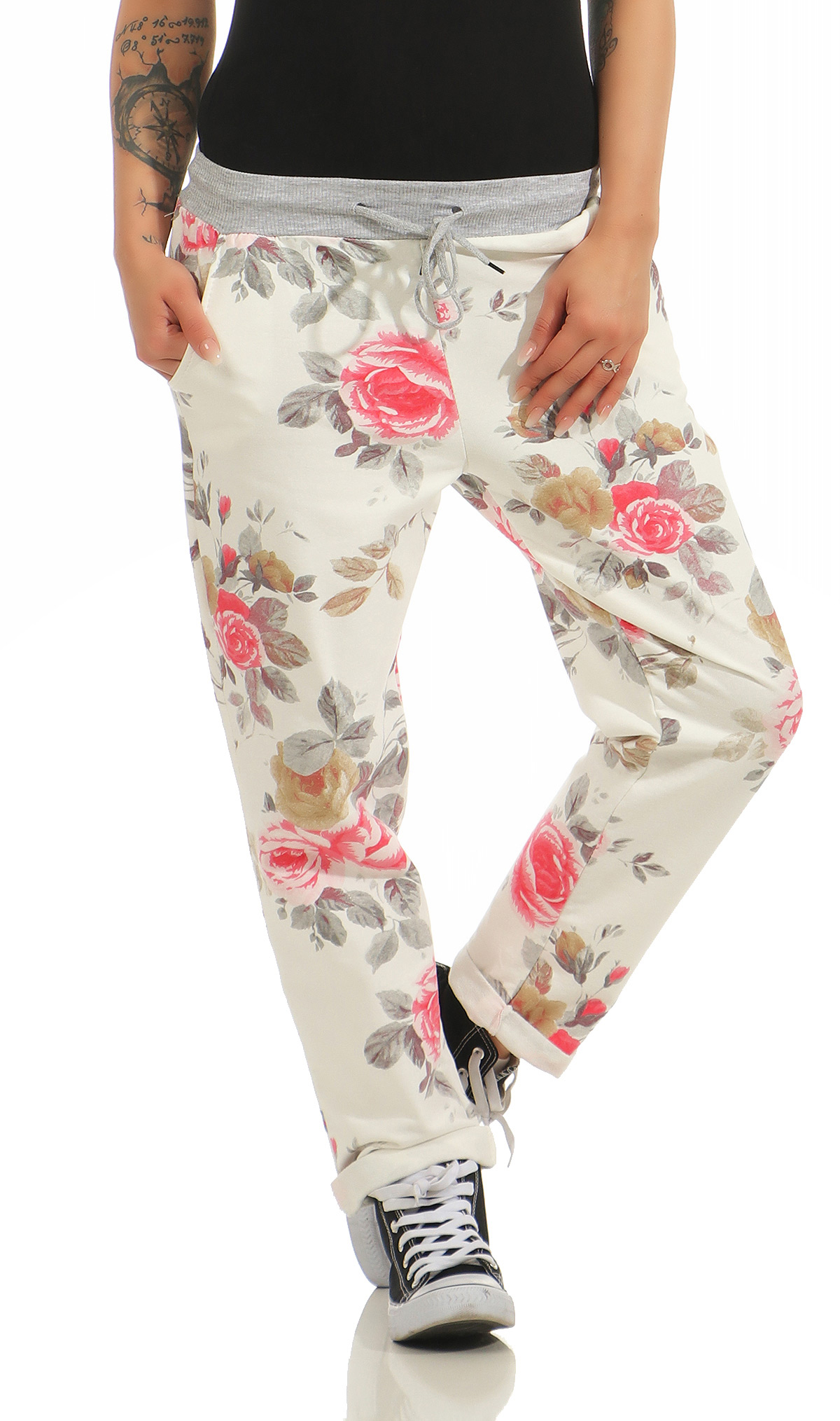 Jogginghose Damen Sport Freizeit Hose Jogger Blume Sommer Wellness Yoga