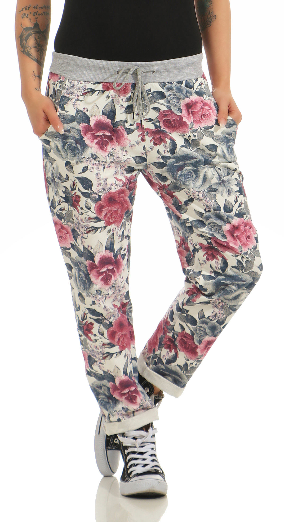Jogginghose Damen Sport Freizeit Hose Jogger Blume Sommer Wellness Yoga